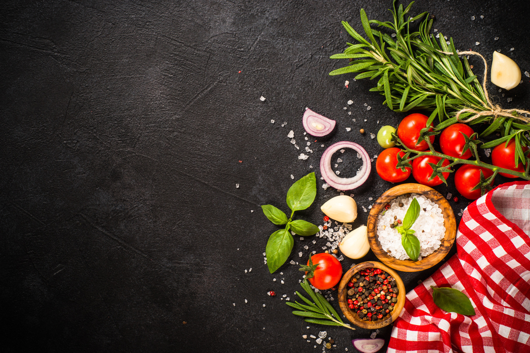 Food cooking background top view featuring spices, herbs, and food, a ...