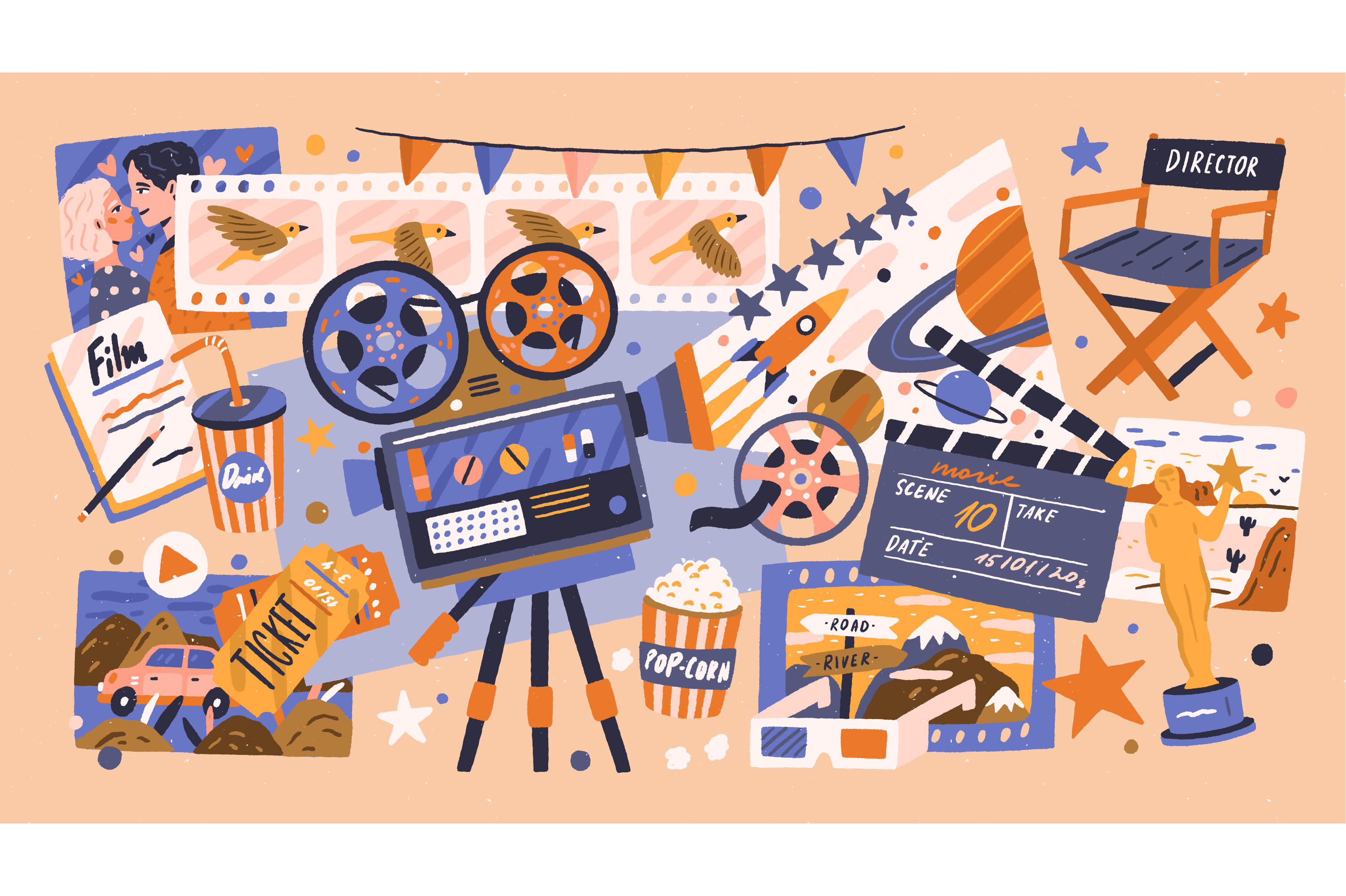 Cinema items and filming equipment, a Decorative Illustration by Good ...
