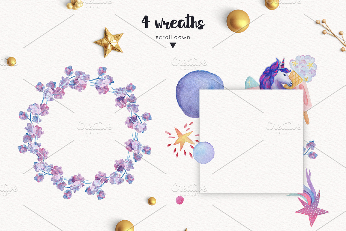 Unicorn objects and patterns set, an Object Illustration by likorbut