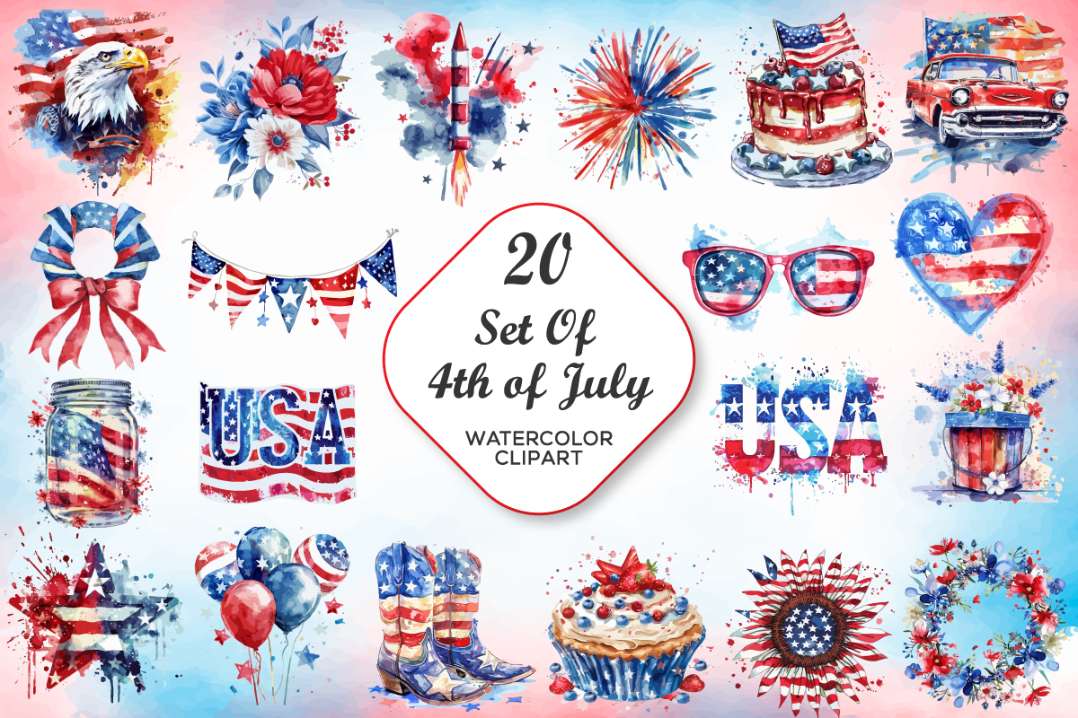 4th of July Watercolor Clipart Set, a Seasonal Illustration by Genius Graph