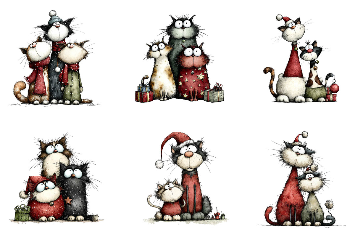 Watercolor Christmas Cats Clipart, an Illustration by CreationArt