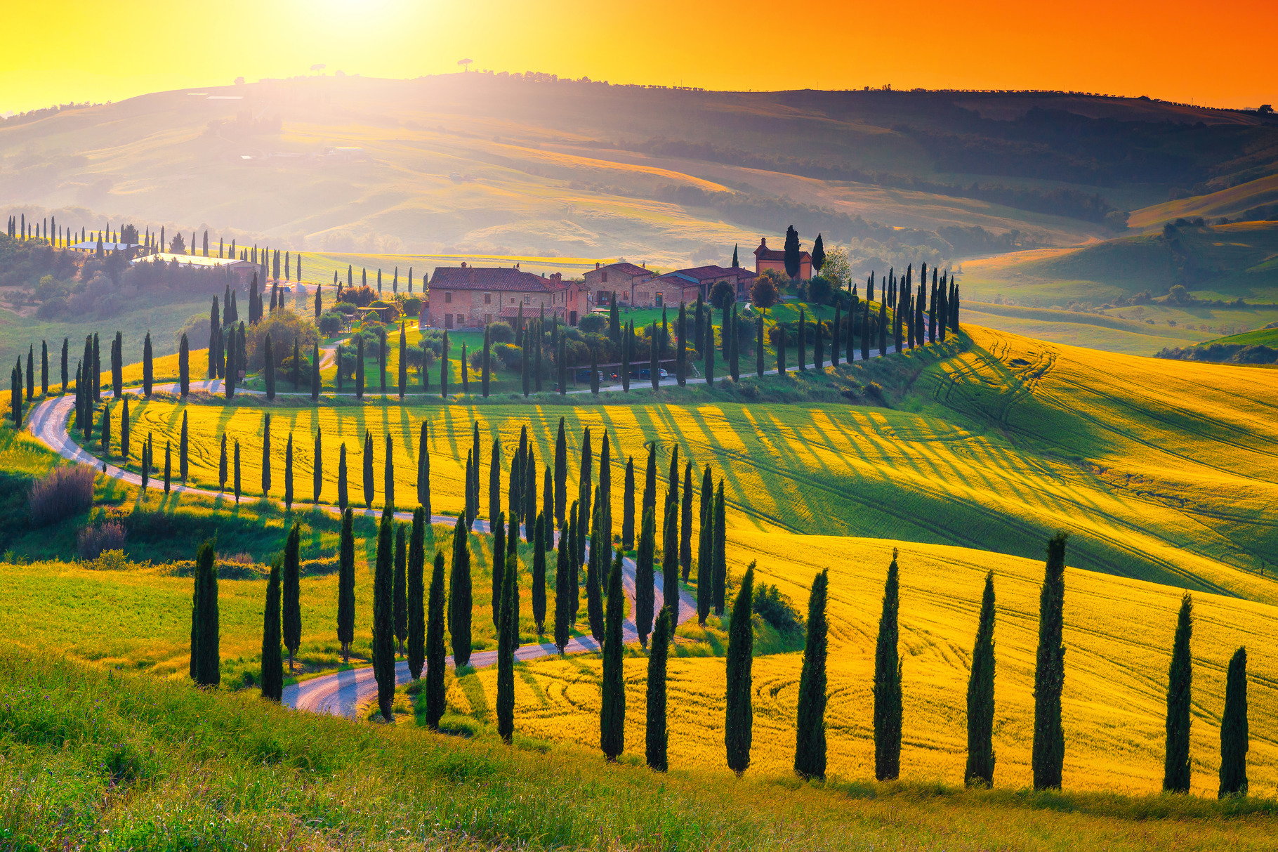 Tuscany landscape at sunset containing accommodation, agriculture, and ...