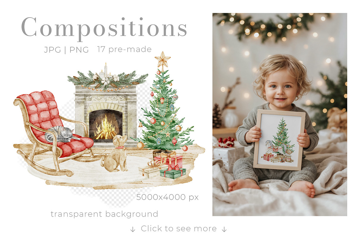 Christmas vintage watercolor clipart, an Illustration by Alisles