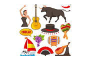 Travel pictures of spain cultural objects. Cartoon style illustrations ...