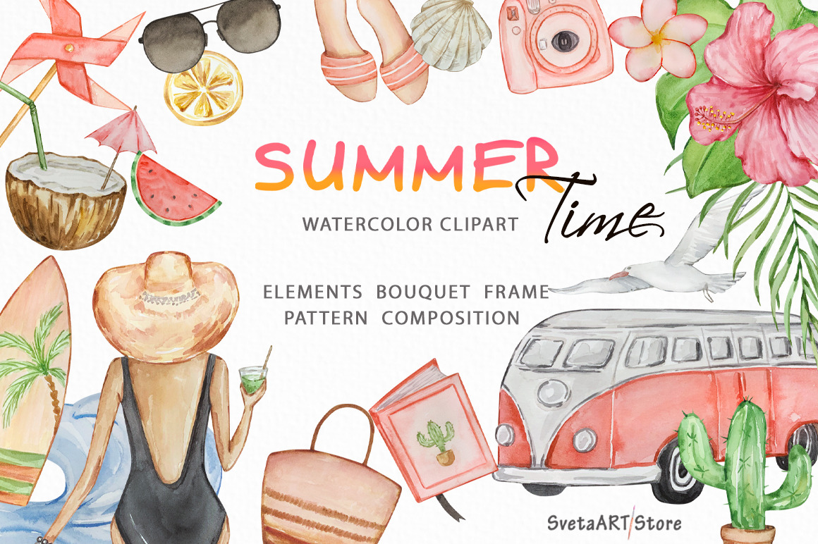 Watercolor Summer Beach Clipart, an Illustration by SvetaArtStore