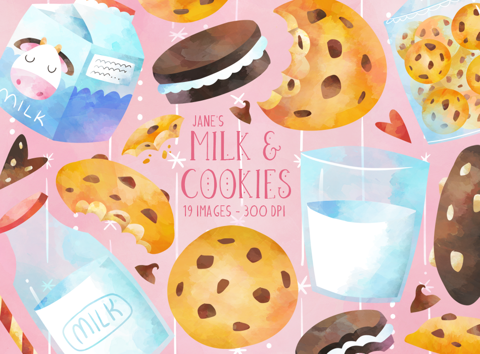 Watercolor Milk and Cookies Clipart, a Food Illustration by DigitalArtsi