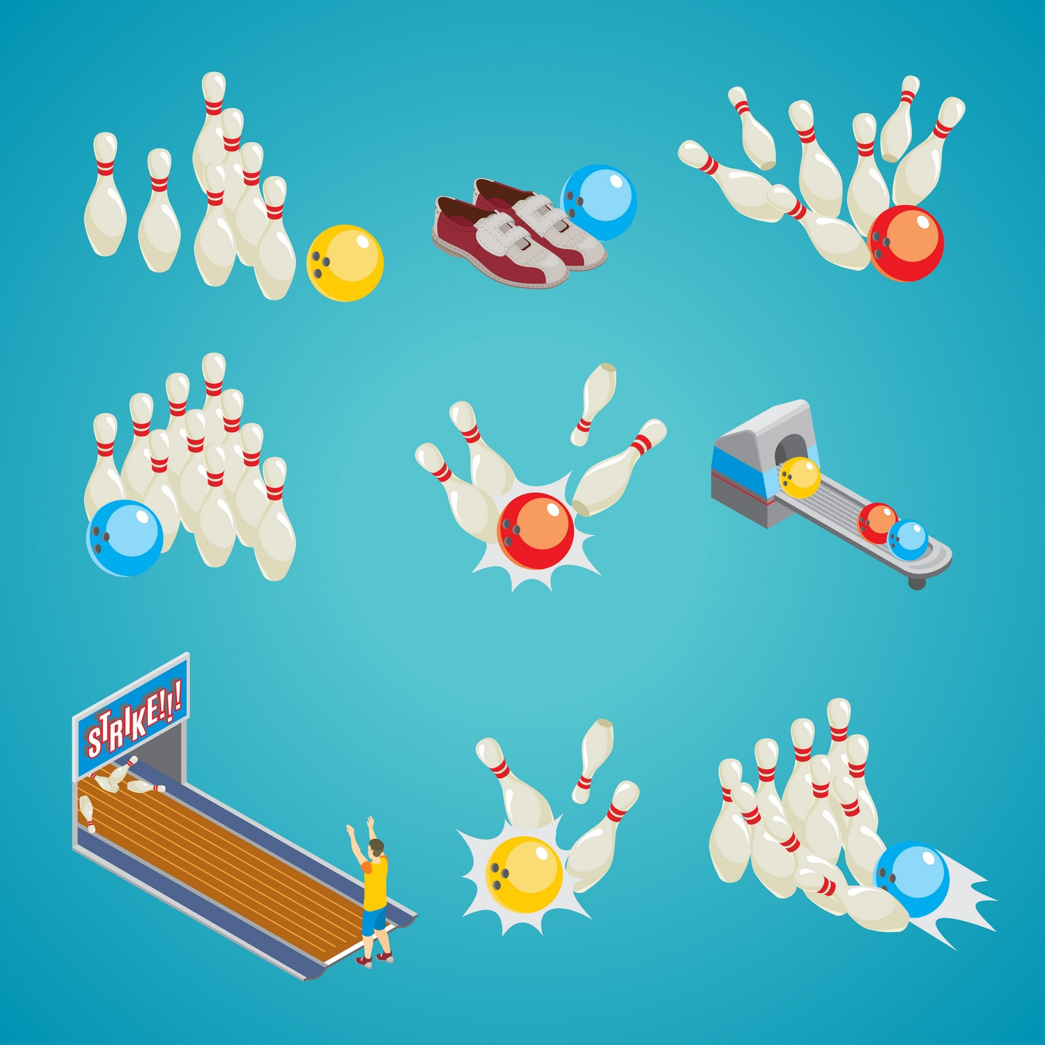 Isometric Bowling Game Elements Set, an Icon by Alexander Belenkiy