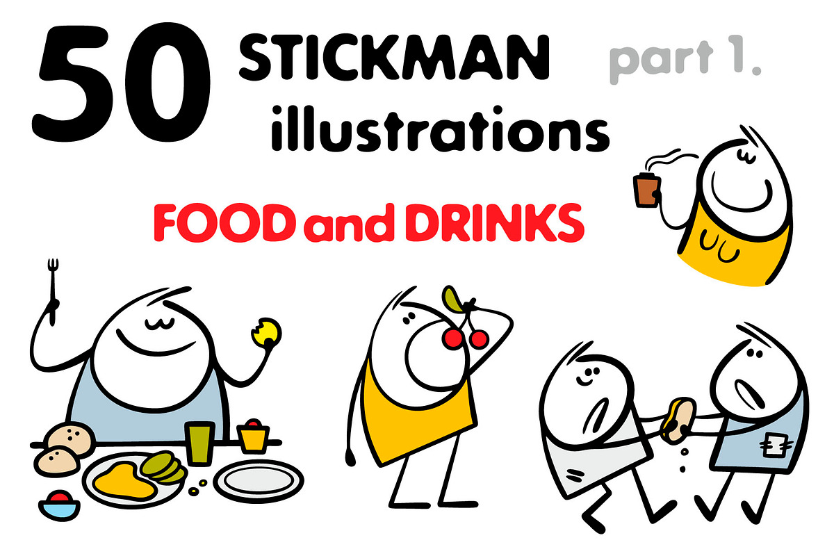 Stickman and food with drinks. | Creative Market