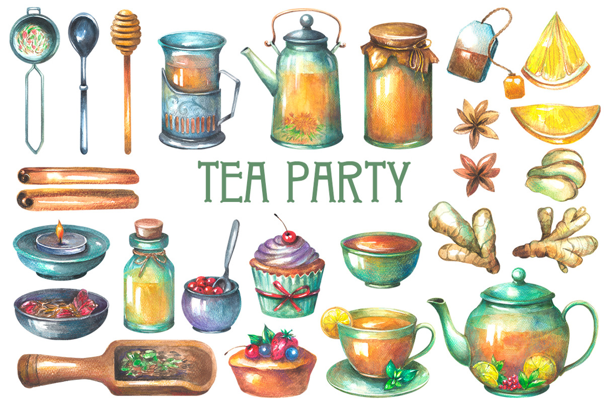 Tea Party Watercolor Clipart, an Illustration by FITALARTSNEDIGI