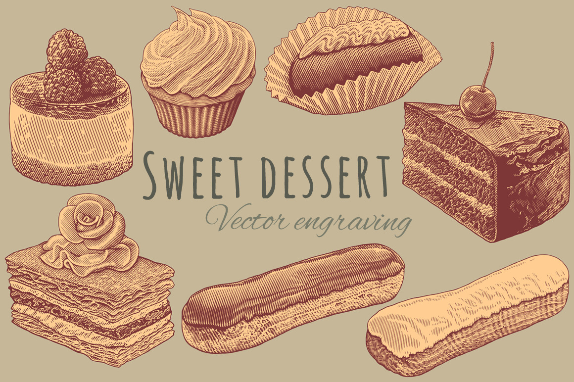 Set Sweet dessert. Vector engraving., an Illustration by Vector Engraving