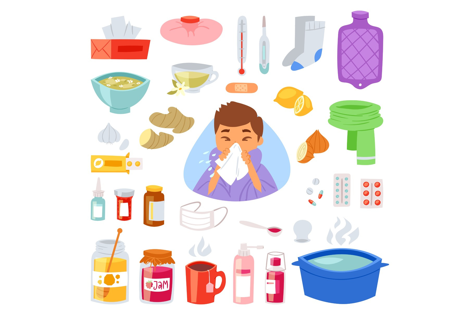 Flu vector sick character with fever and illness and sneezing nose ...