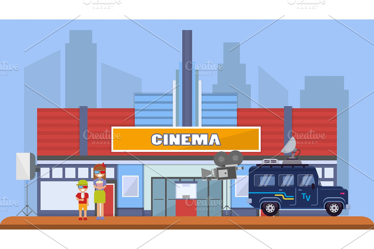 Cinema building in city background, a Work Illustration by KitVector ...