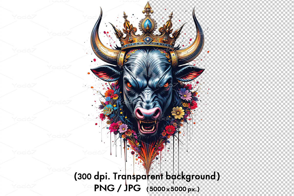 Bull with crown and vibrant flowers, an Animal Illustration by yod67