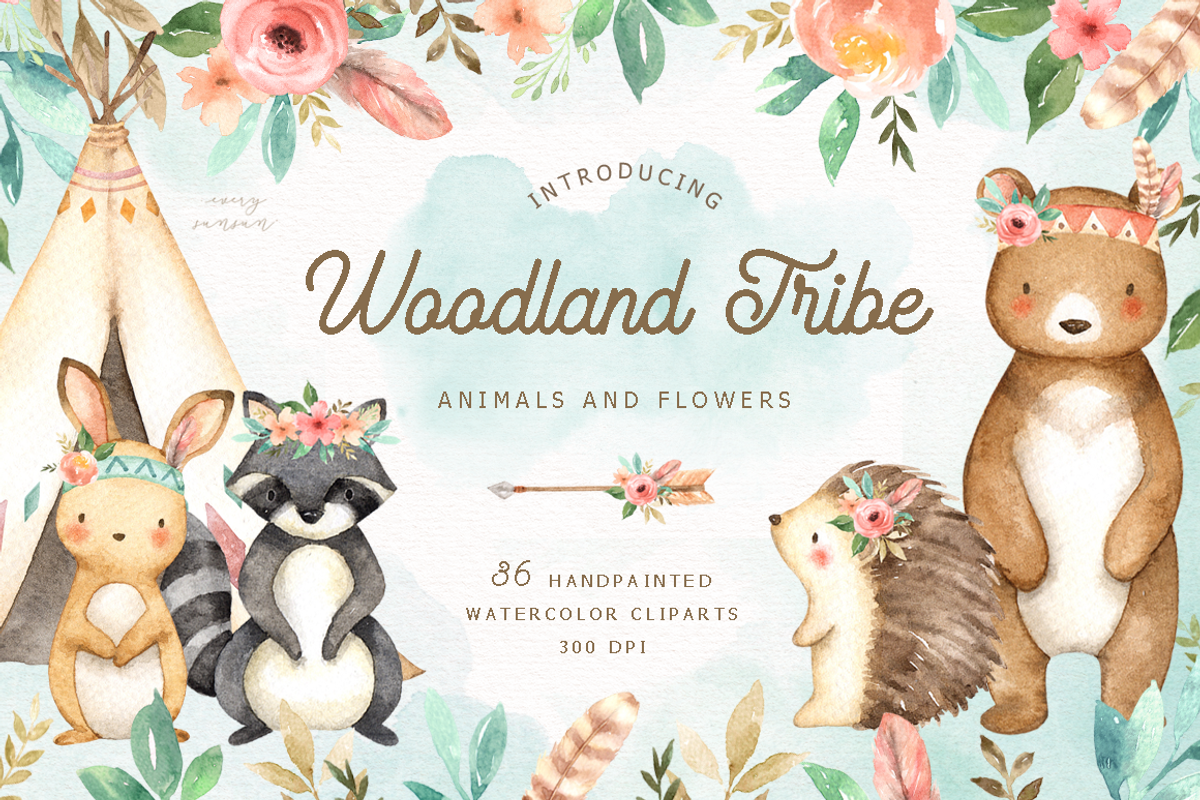 Woodland Tribe Watercolor Clip Art, an Animal Illustration by everysunsun