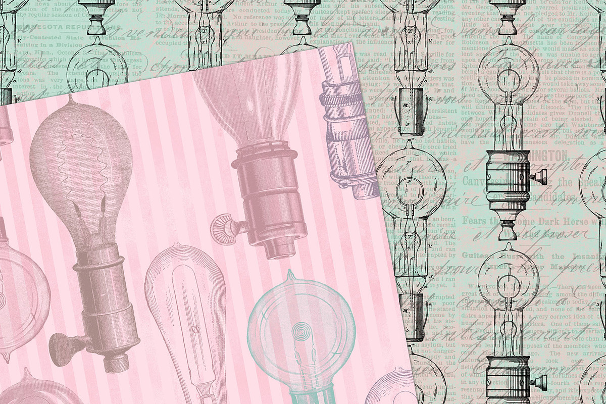 Vintage Light Bulb Digital Paper, a Pattern Graphic by Digital Curio ...