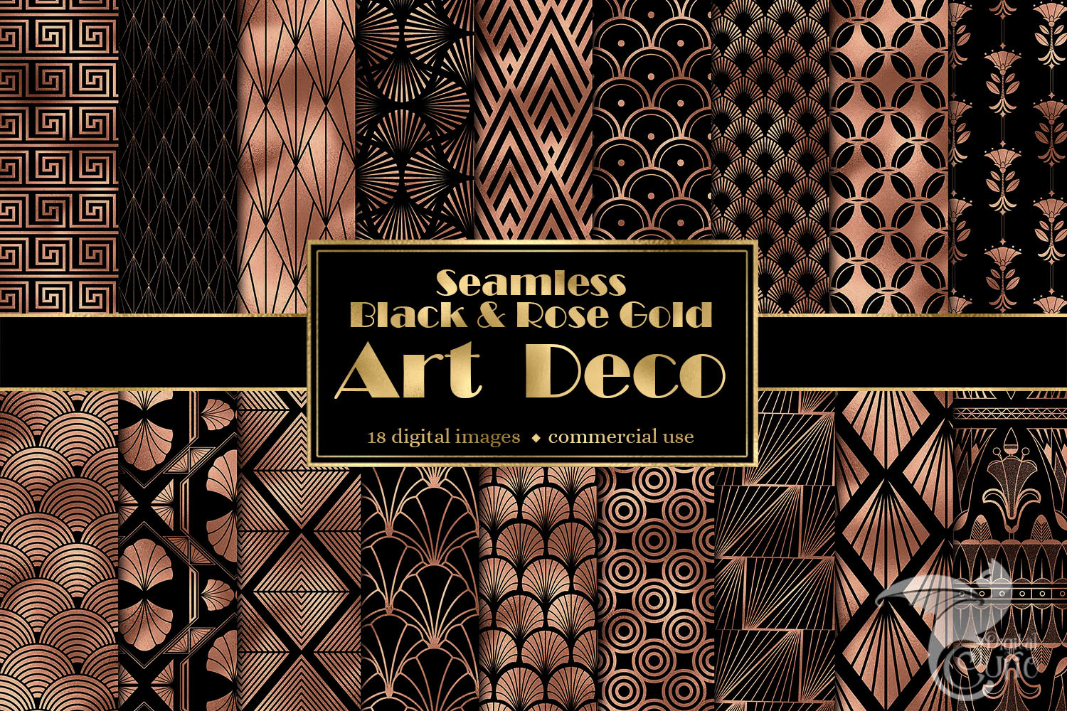 Black & Rose Gold Art Deco Patterns, a Pattern Graphic by Digital Curio
