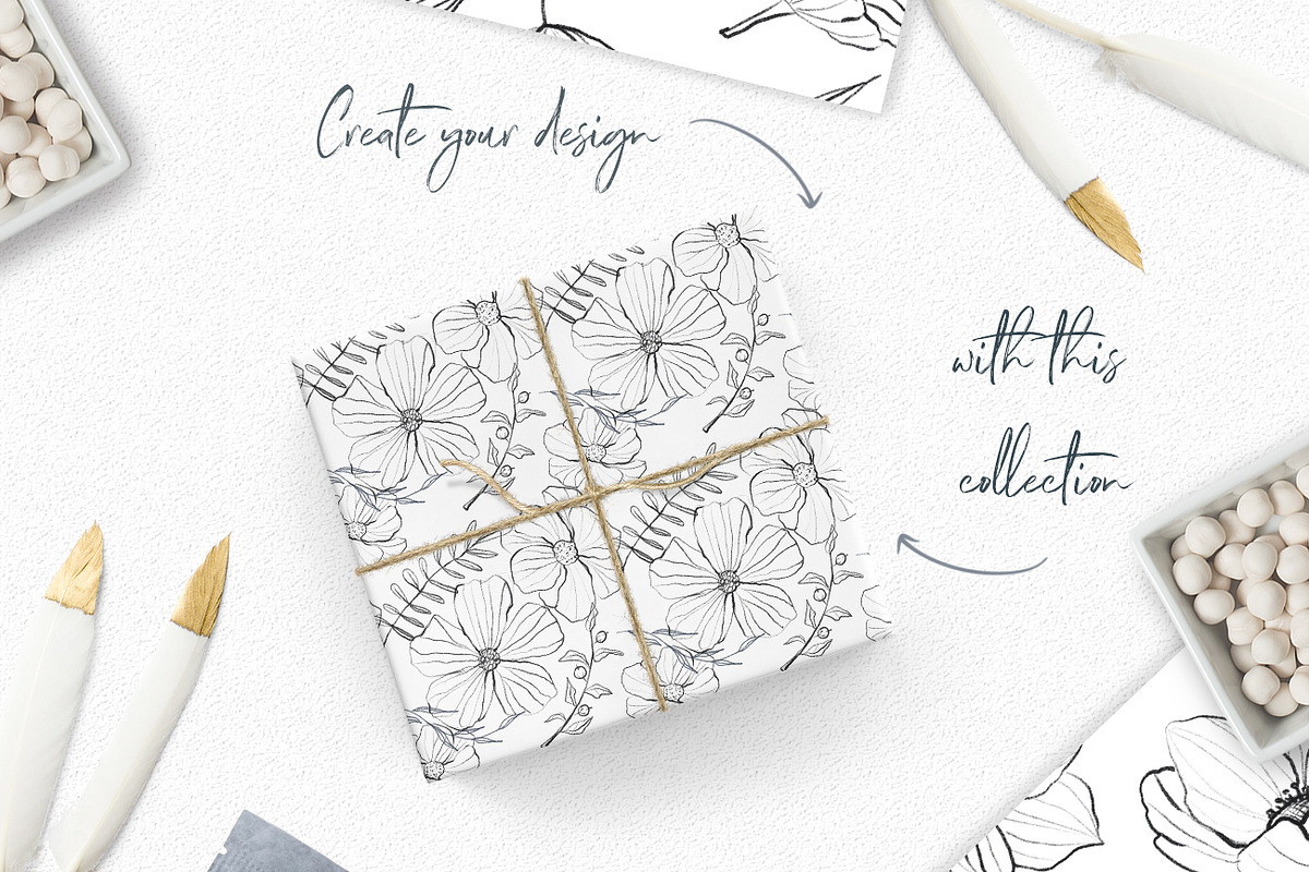 Flower and leaves sketch patterns, a Pattern Graphic by SparklePixieStudio