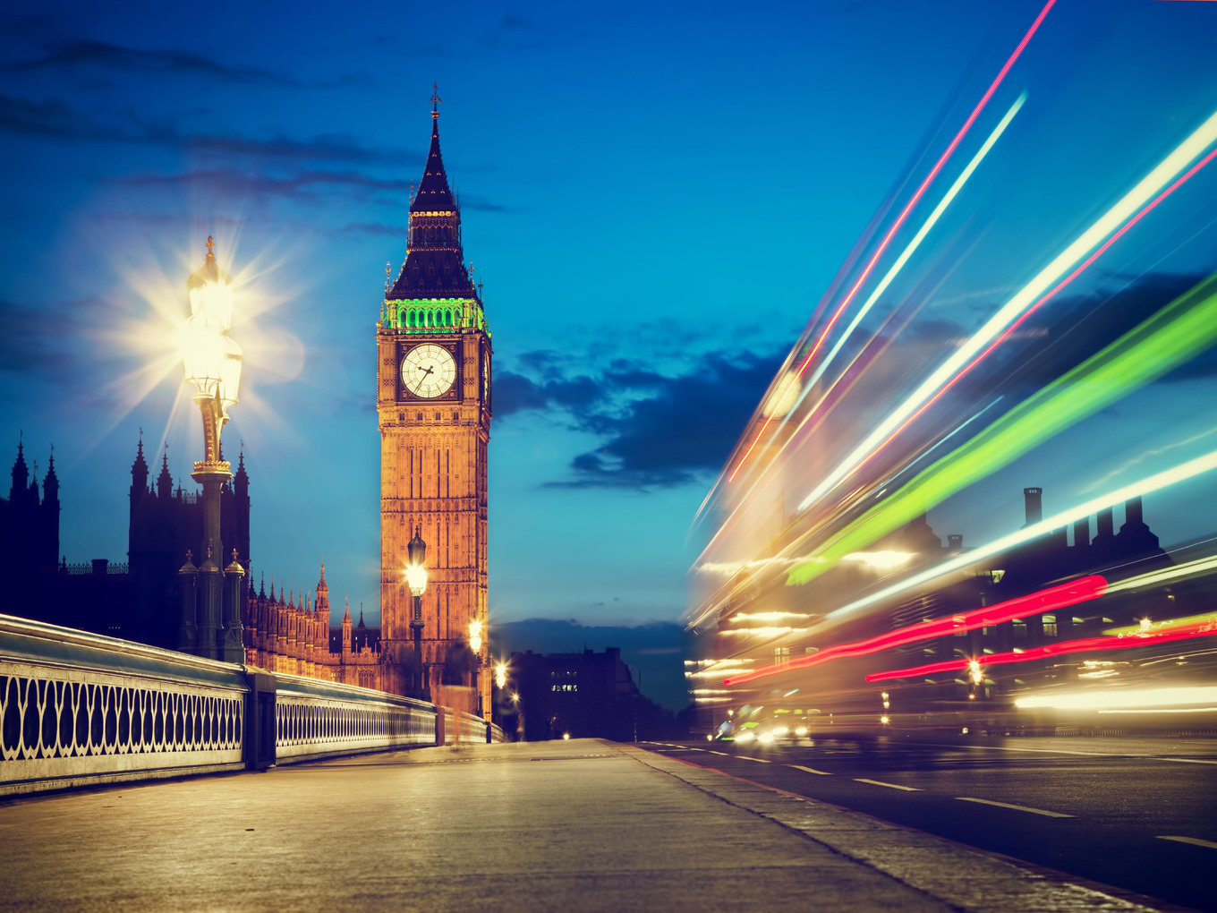 The icons of england at night featuring bus, big ben, and palace, an ...