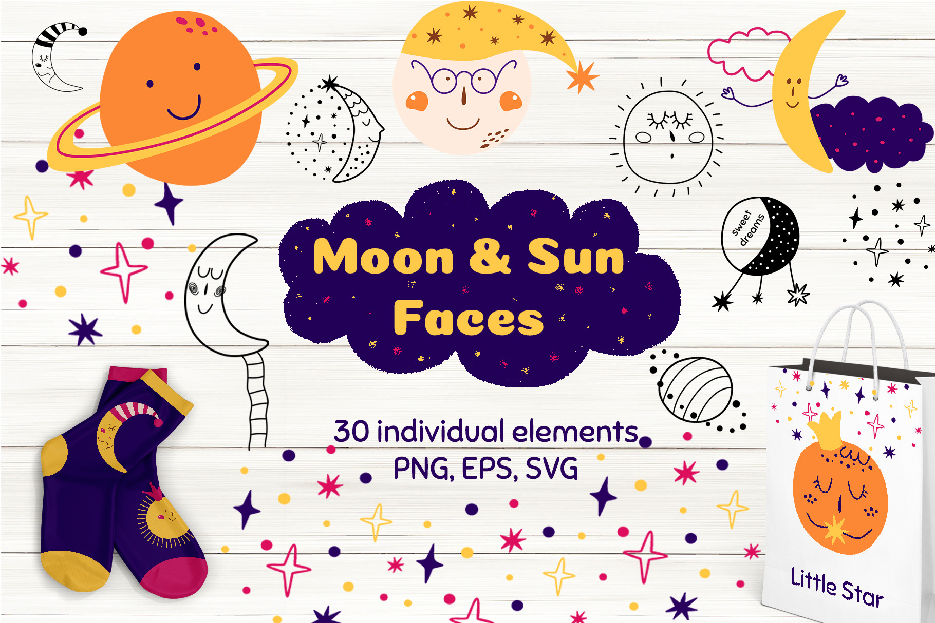 Baby Moon & Sun faces. Kids clipart