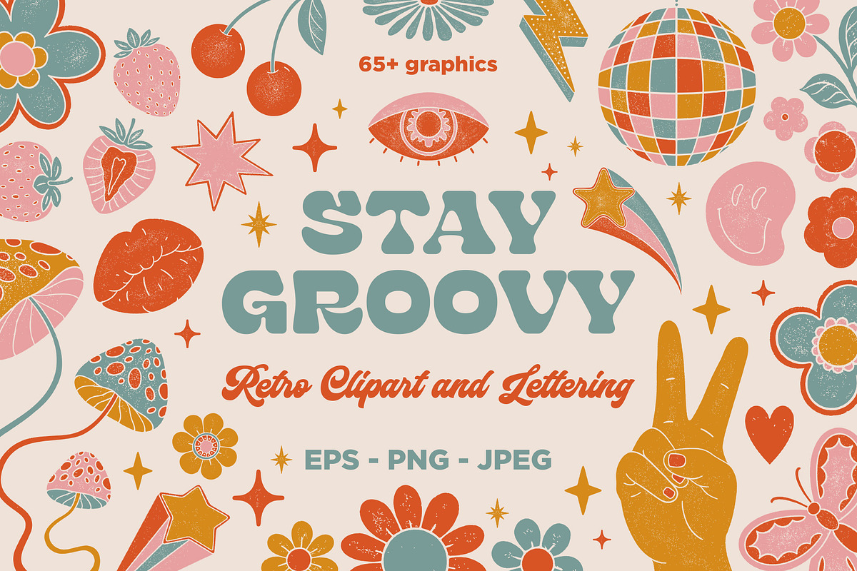 Stay Groovy Retro Clipart &Lettering, an Object Graphic by ElenKoss