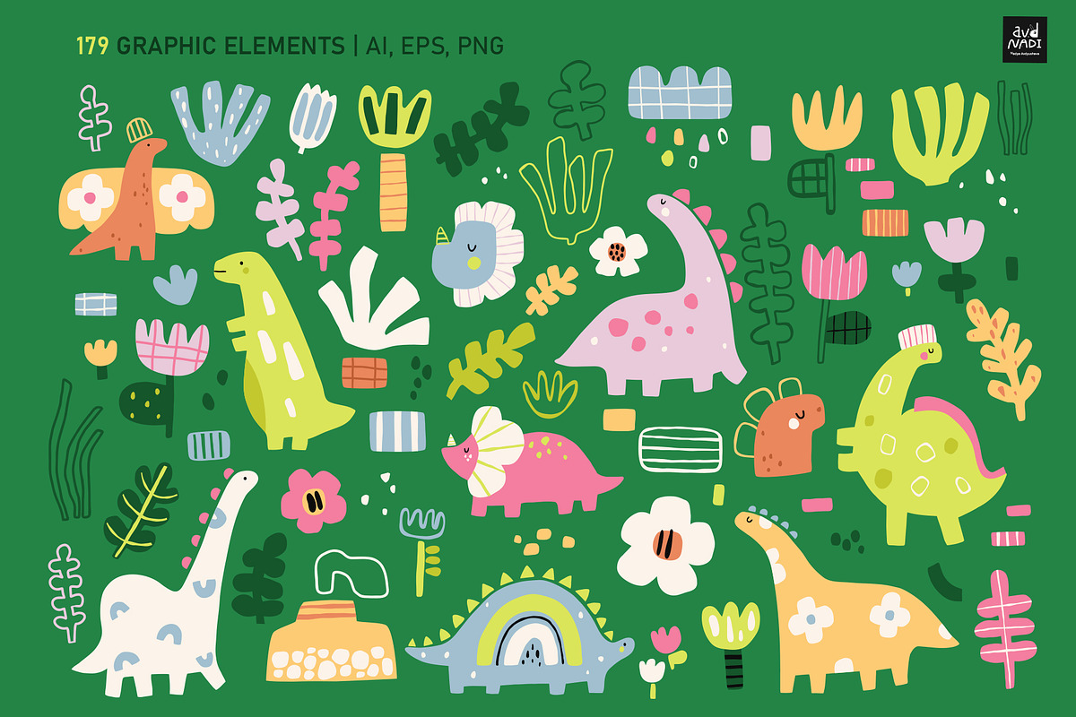 Dino cliparts and patterns, an Animal Illustration by avdnadi