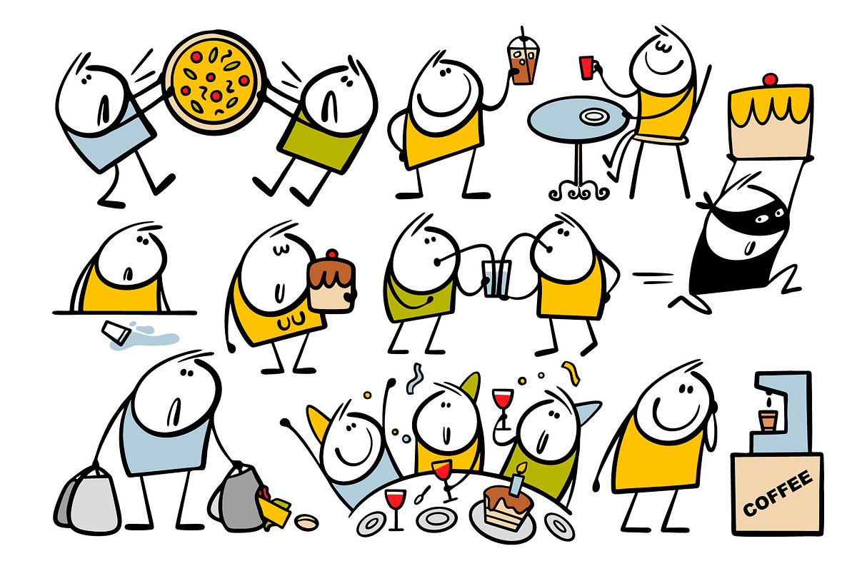 Stickman and food with drinks.