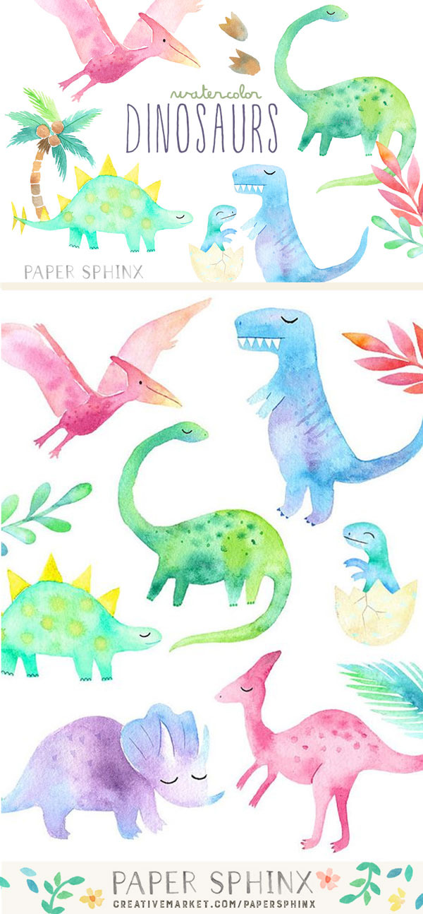 Watercolor Dinosaurs Pack, an Illustration by PaperSphinx