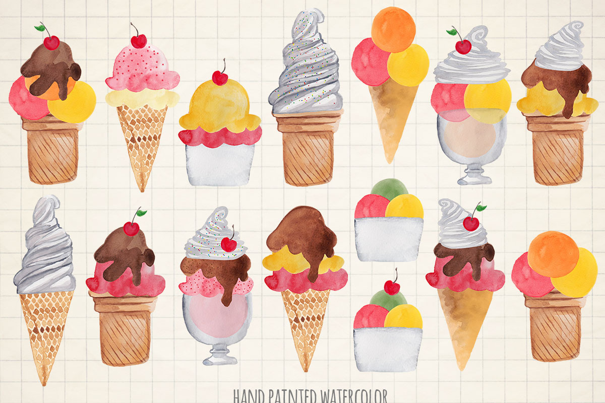 Watercolor ice cream cones clipart, an Illustration by SandraGraphicDesign