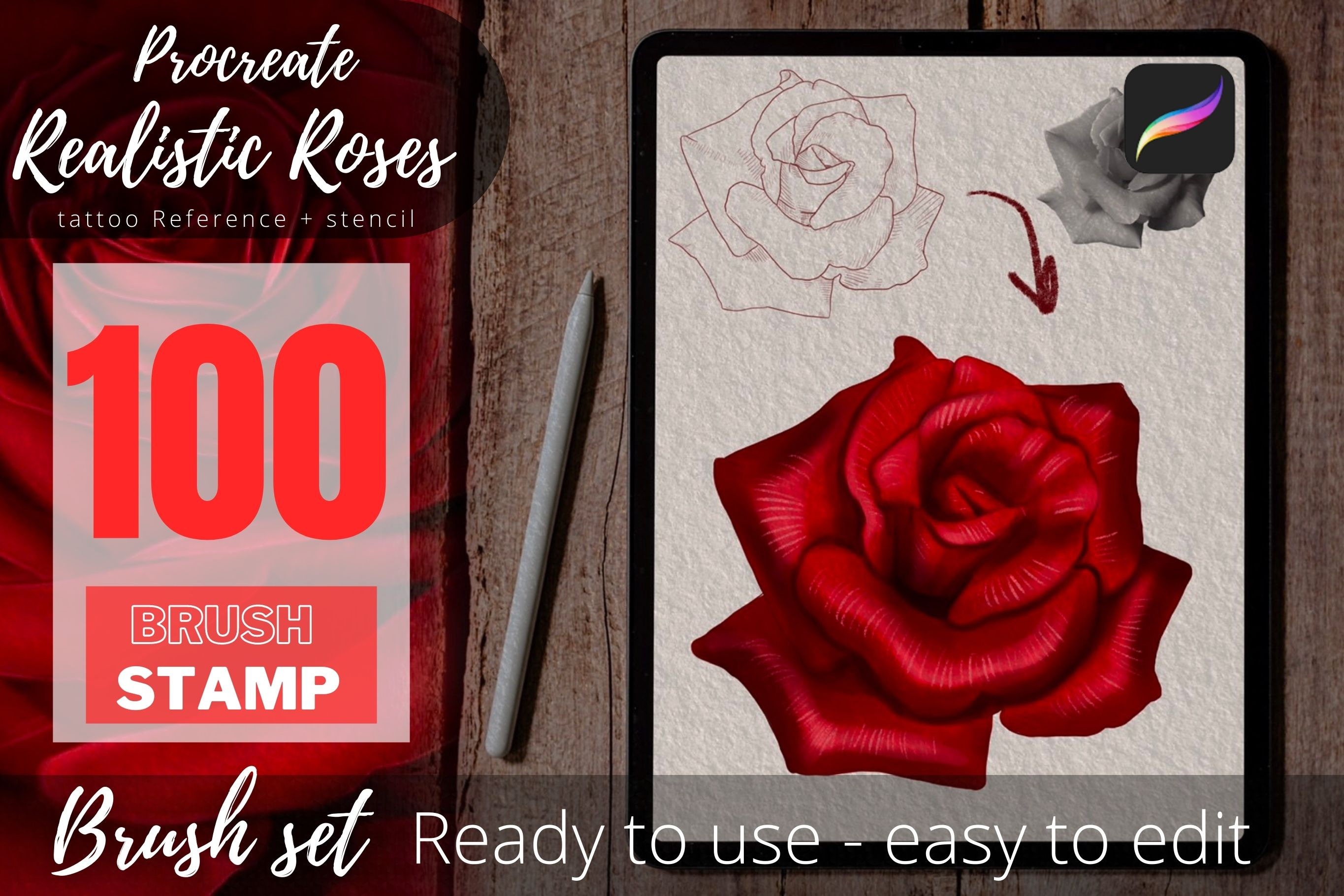 Realistic Roses Procreate brushes, a Brush Add-On by Tattoo Worker Studio