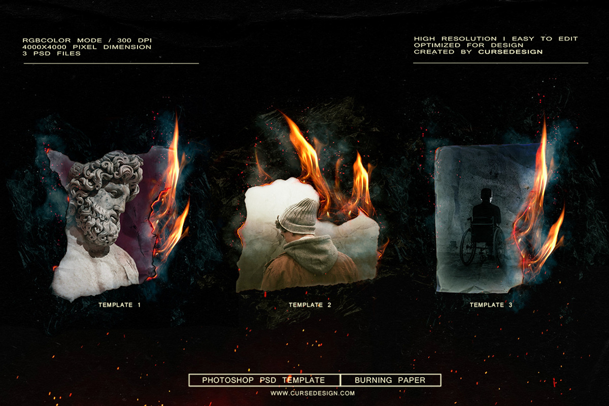 Burning Paper Templates Pack, a Mockup by Cursedesign