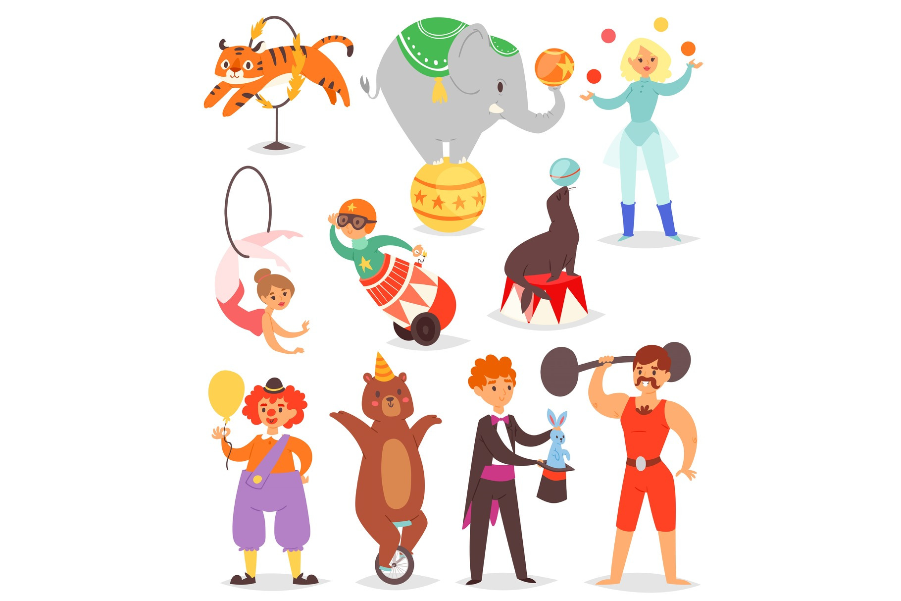 Circus people vector acrobat and clown with trained animals characters ...