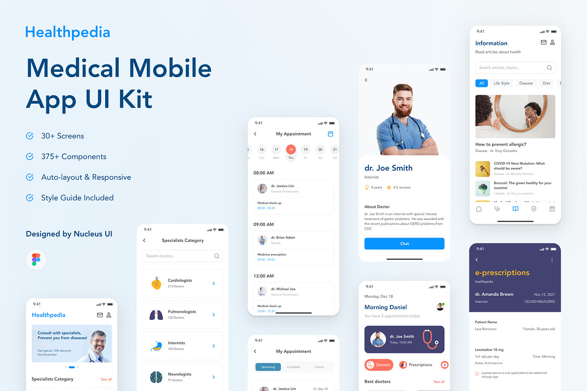 Medical mobile app UI kit for Figma