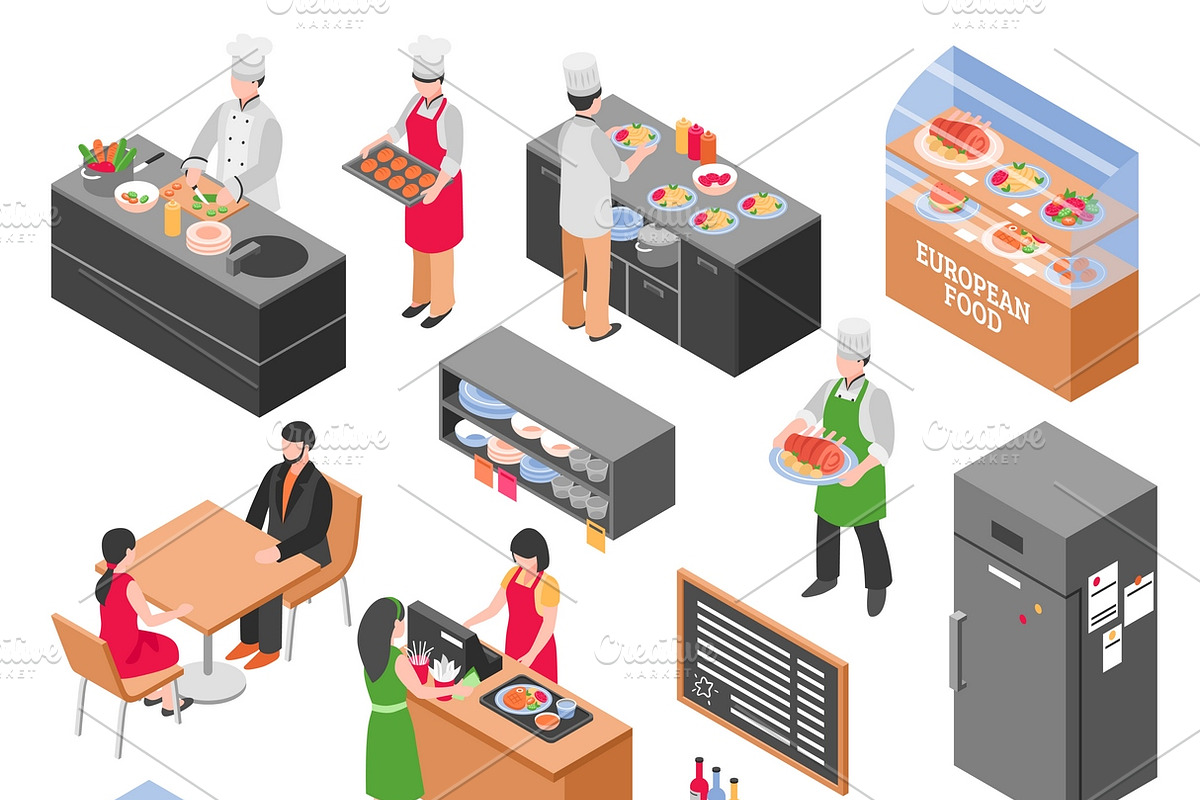 Isometric restaurant icons set, an Icon by Macrovector | Creative Market