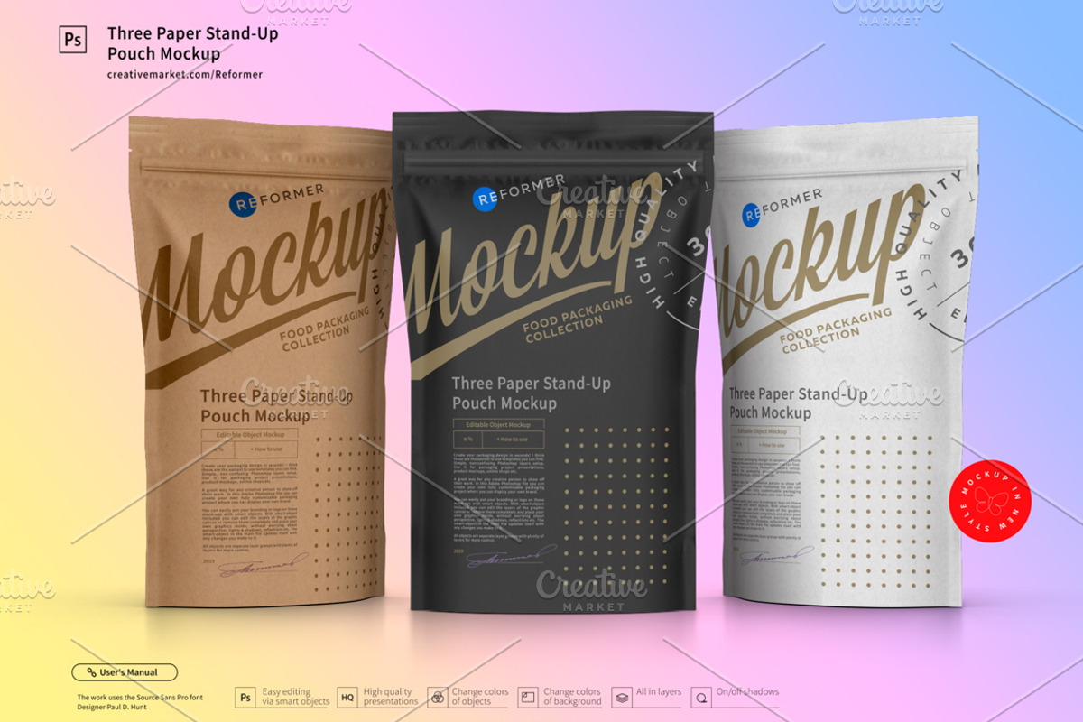 Three Paper Doy-Pack Pouch Mockup, a Packaging Mockup by Reformer Mockup