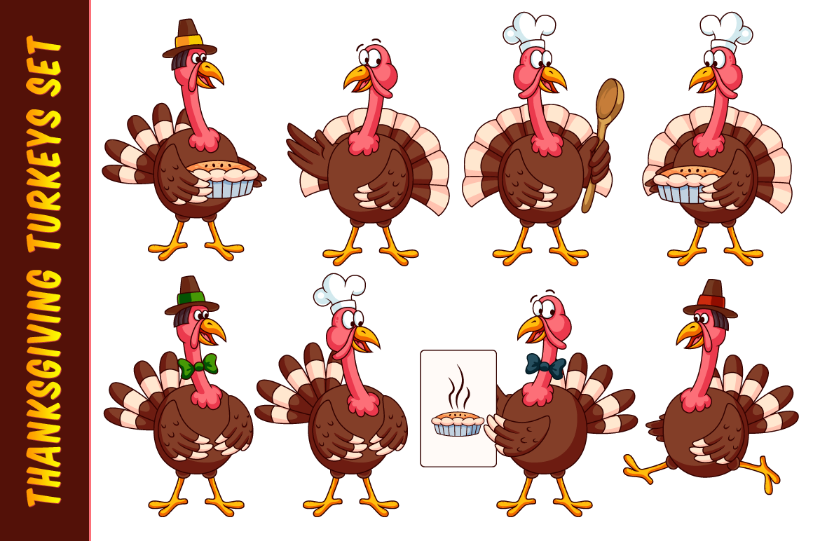 Thanksgiving Cartoon Turkeys Set, a Seasonal Illustration by pixaroma