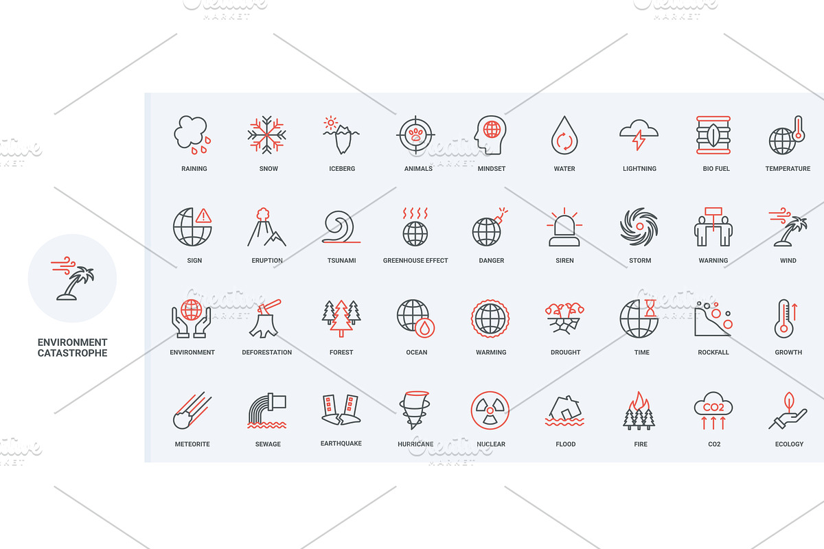 Natural disasters environment icons, an Object Illustration by Lemberg ...