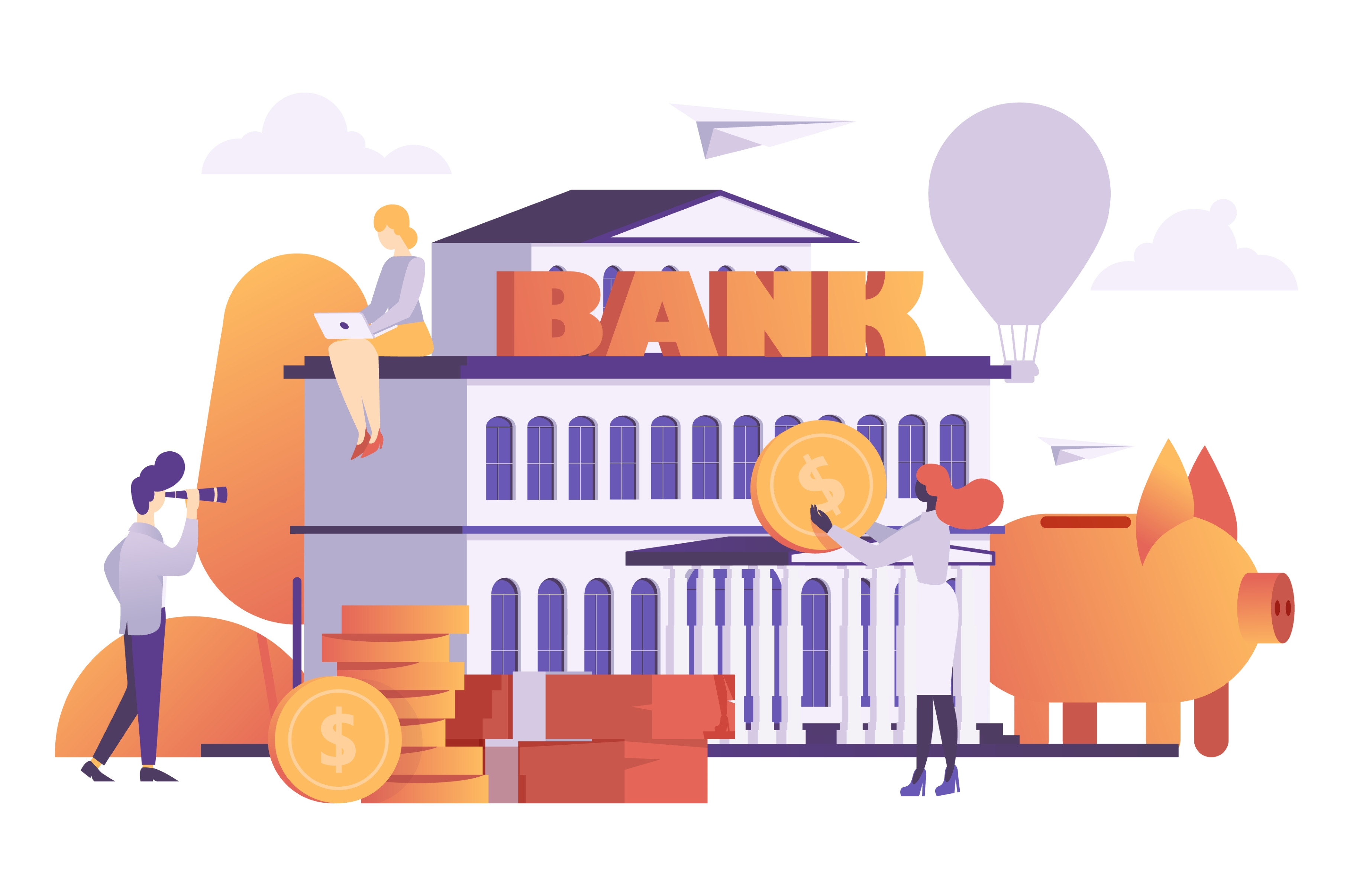 Bank financial system, tiny worker, a Finance Illustration by KitVector