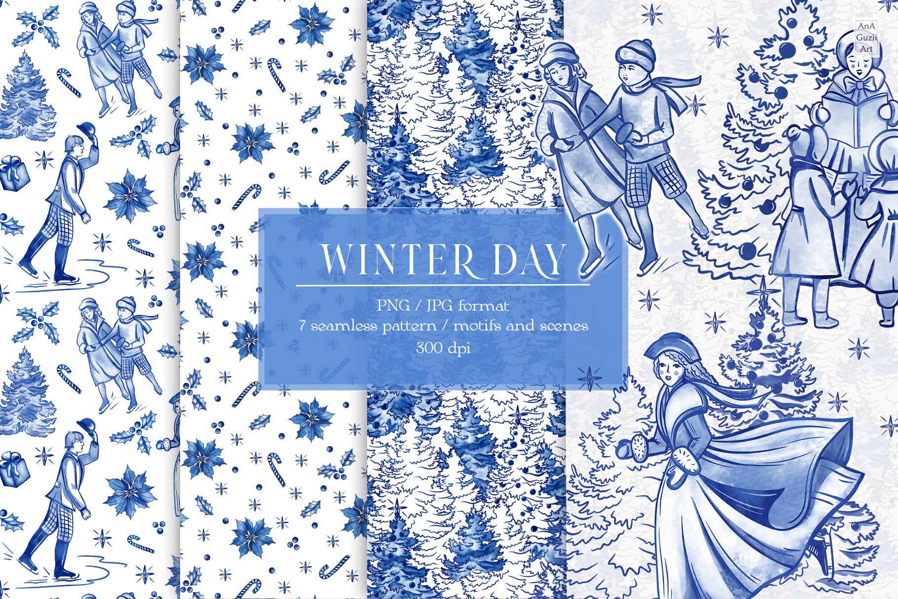 Winter day, seamless patterns