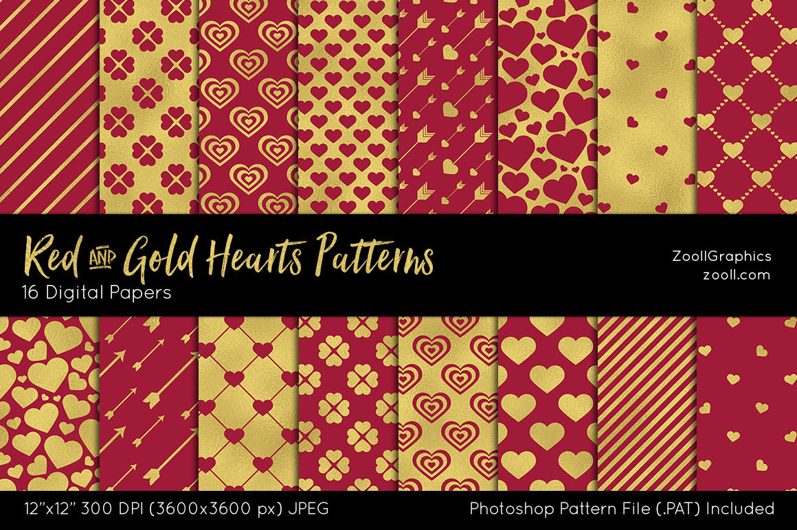 Red & Gold Hearts Digital Papers, a Pattern Graphic by ZoollGraphics