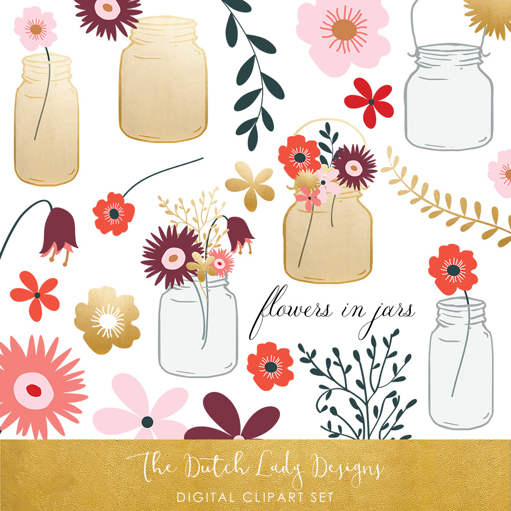 Flowers & Mason Jar Clipart Set, an Illustration by The Dutch Lady Designs