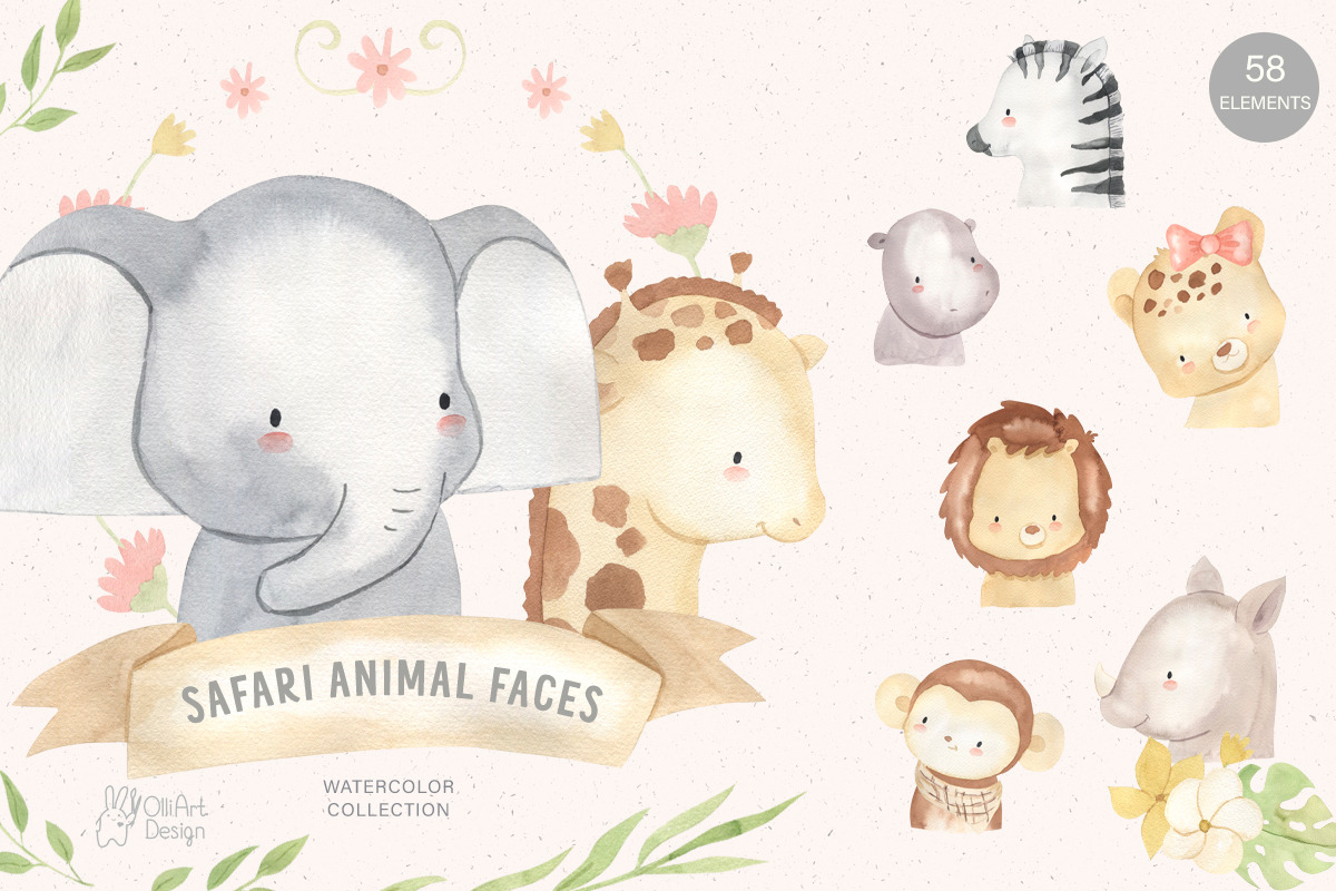 Safari animal faces clipart