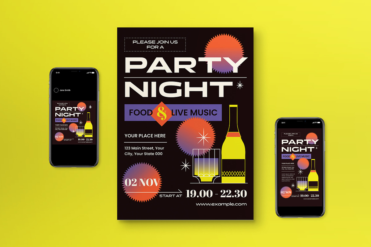 Black Edgy Night Party Flyer Set, a Flyer Template by graphicook