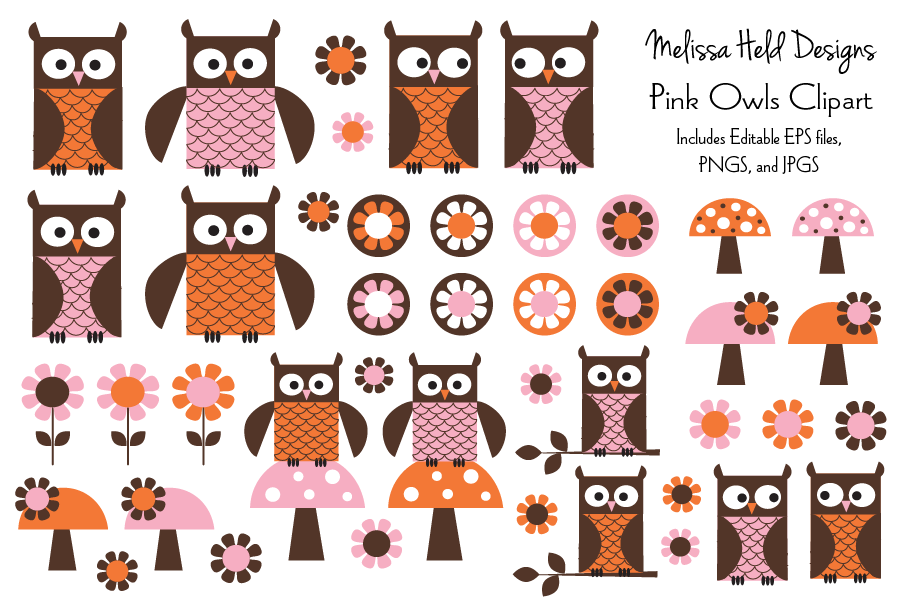 Pink Owls Clipart, an Animal Illustration by Melissa Held Designs
