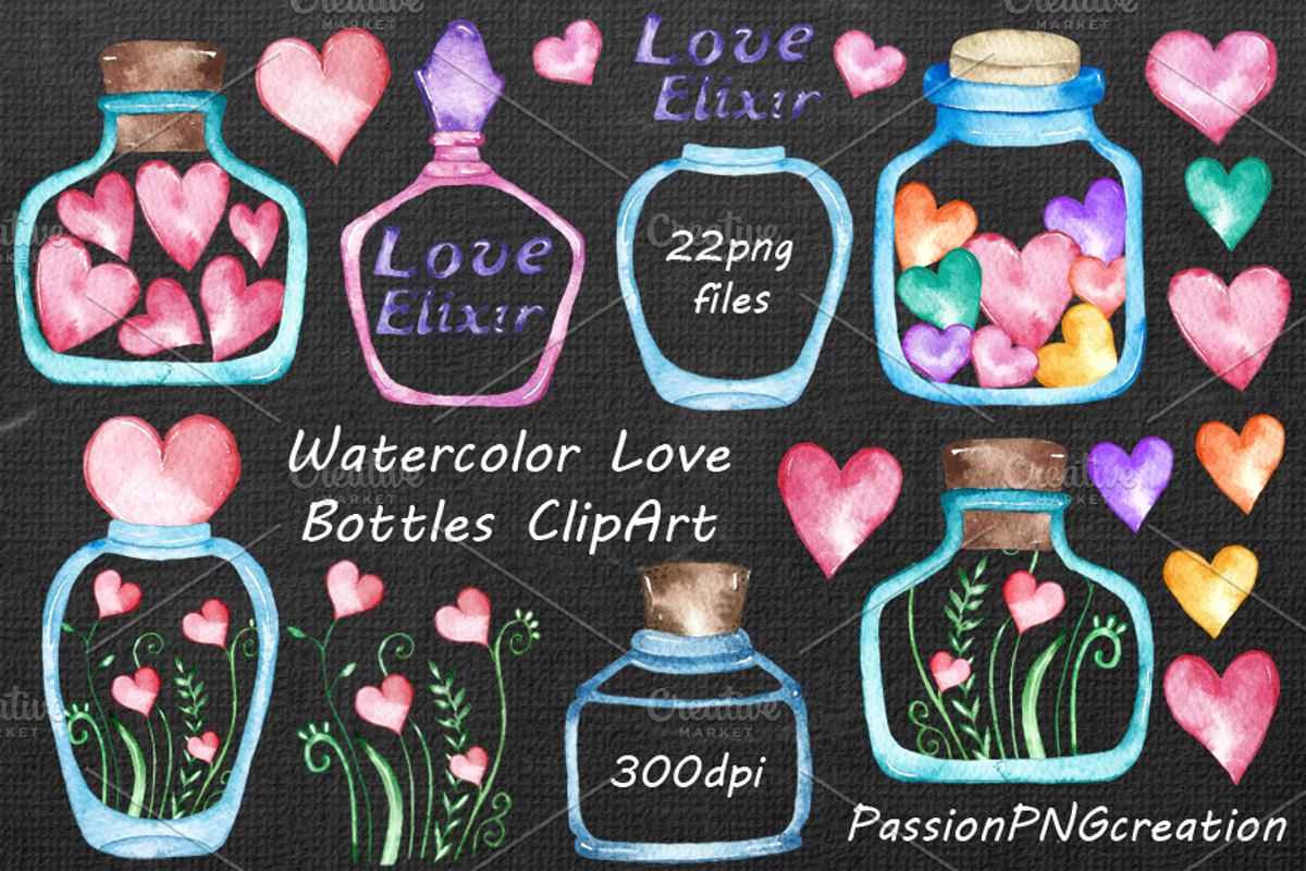 Watercolor Love Bottles Clipart, an Illustration by PassionPNGcreation