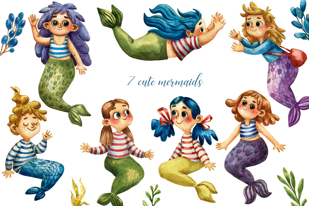 Mermaids - Watercolor Clip Art Set, an Illustration by Mashamashastu