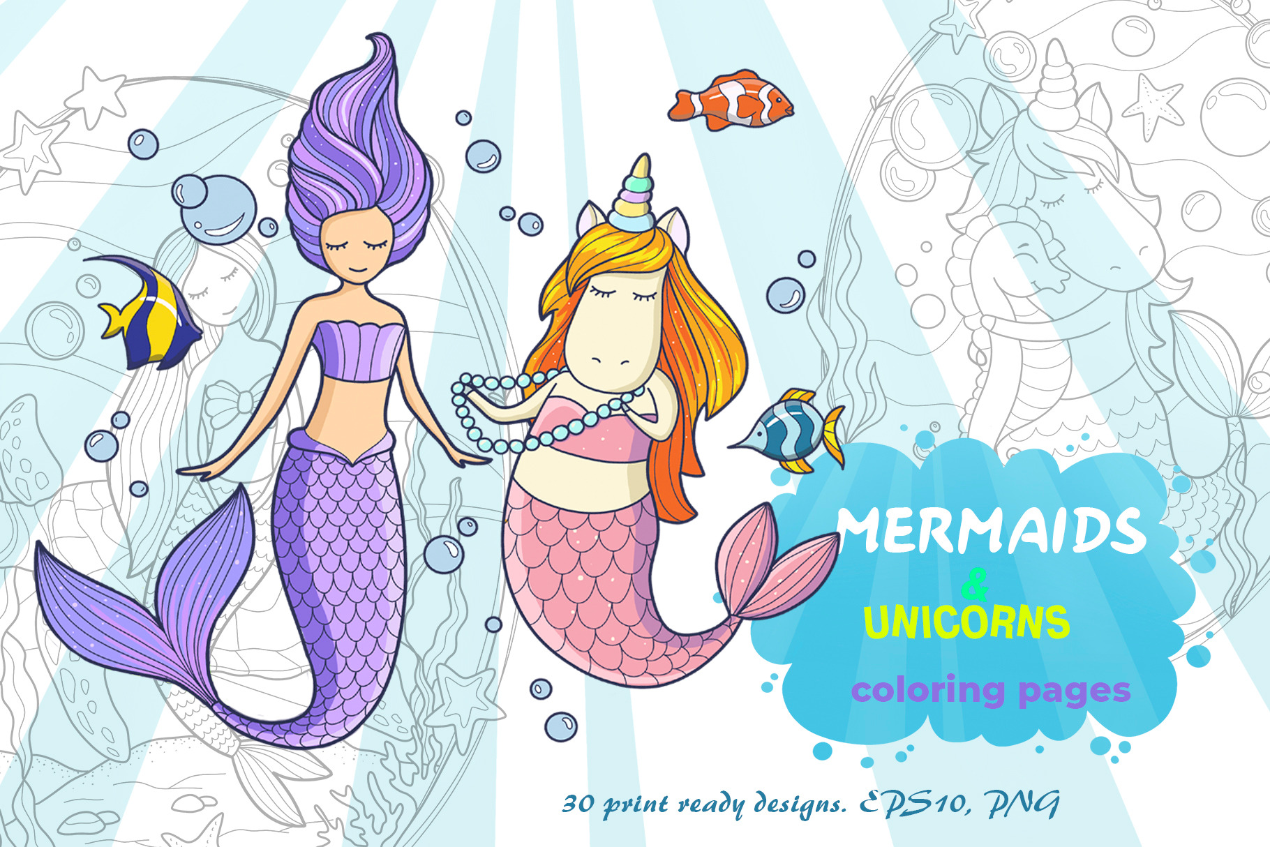 Mermaids & Unicorns Coloring Pages, an Animal Illustration by veter