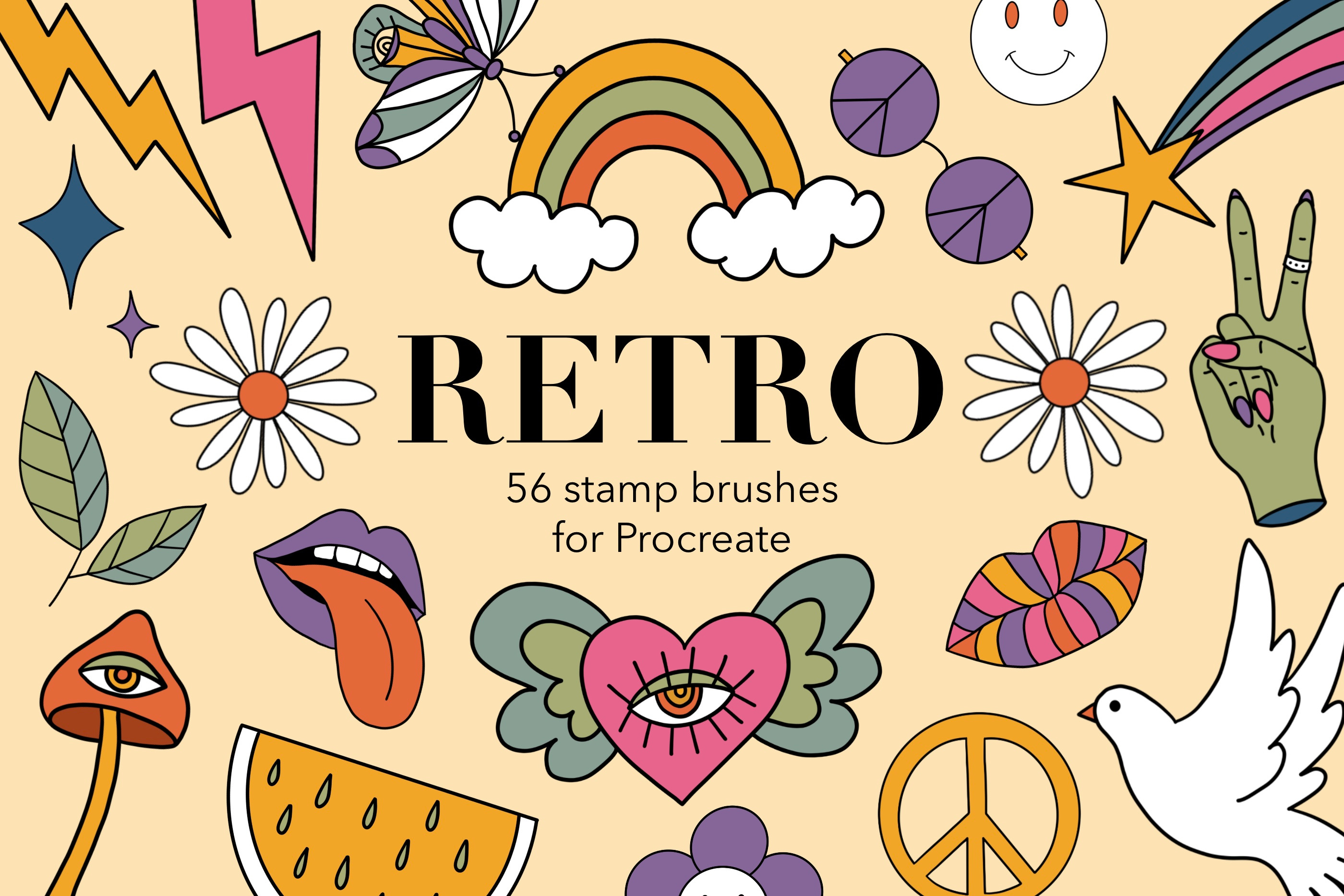 56 Groovy retro Procreate stamps, a Brush Add-On by Veronika Gotovceva