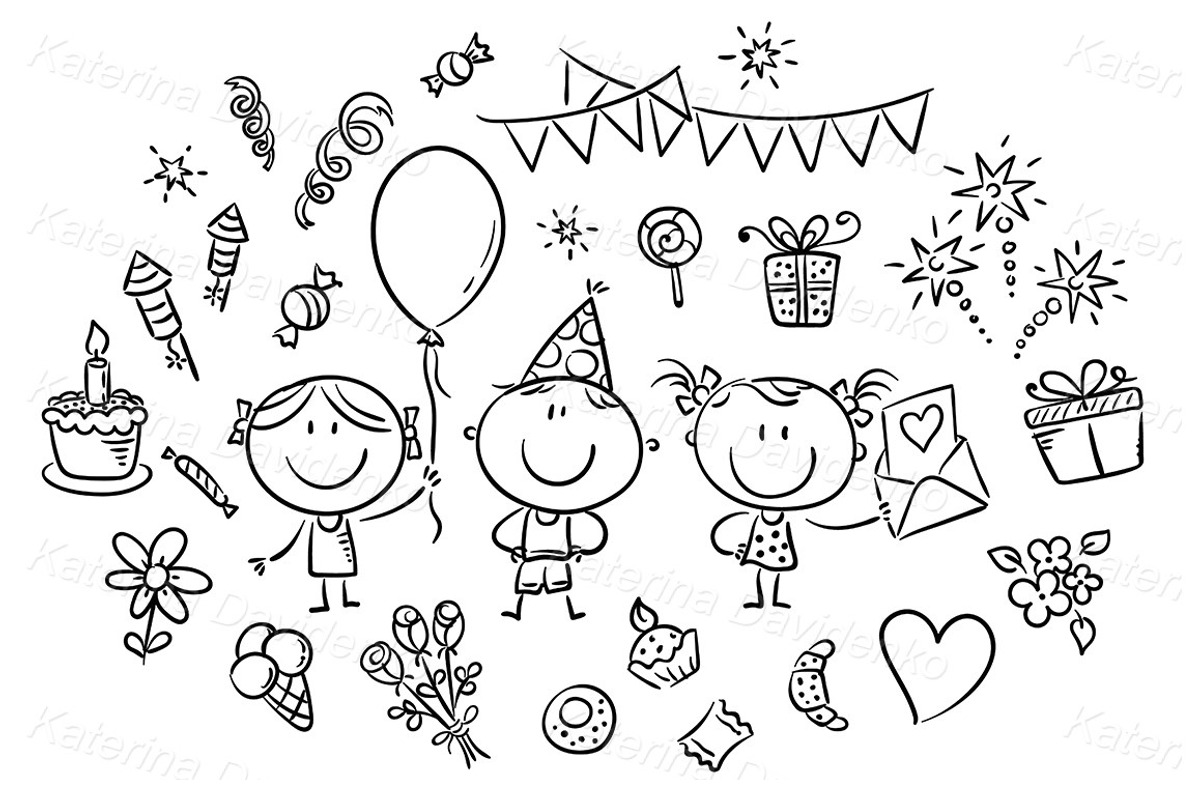 Kids party things set child drawing, an Education Illustration by ...