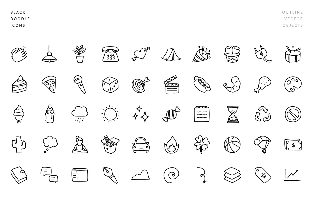 150 basic doodle icons, an Outline Icon by Pinkbrush | Creative Market