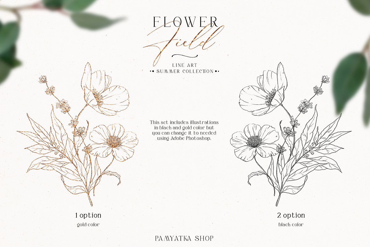 Flower field - line art floral set, a Decorative Illustration by ...